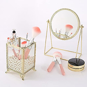 Makeup Brush Holder Vintage Glass Handmade Organizer with White Pearls for Nail Brush, Vanity, Bathroom, Dresser, Countertop - Gold