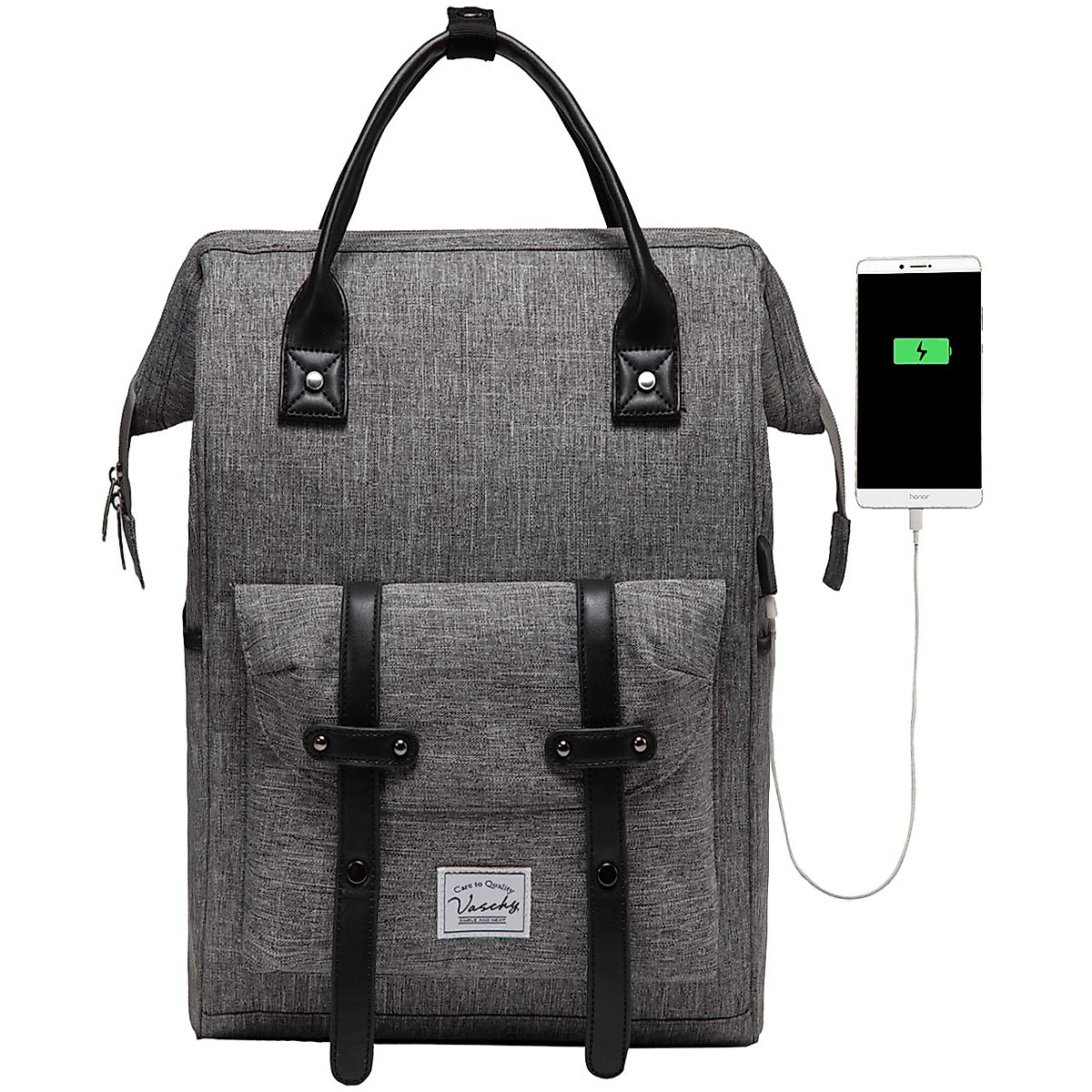VASCHY Laptop Backpack, Vintage Water Resistant Anti-theft Travel Backpack for Men and Women 15.6inch with USB Charging Port Charcoal Gray