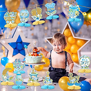 12Pcs Baby Shower Honeycomb Centerpieces Party Decor for Boys,Blue Gold Floral It's a Boys Gender Reveal 3D Table Centerpieces Decoration for Kids Baby Shower Party Photo Props Supplies
