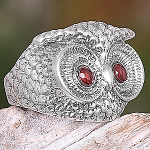 NOVICA Artisan Handmade Garnet Cocktail Ring Balinese Sterling Silver Owl with Eyes Red Indonesia Animal Themed Birthstone [crownbezel 0.7 in L x 1 in W x 0.2 in H Band Width 3 mm W] ' Owl Eyes'