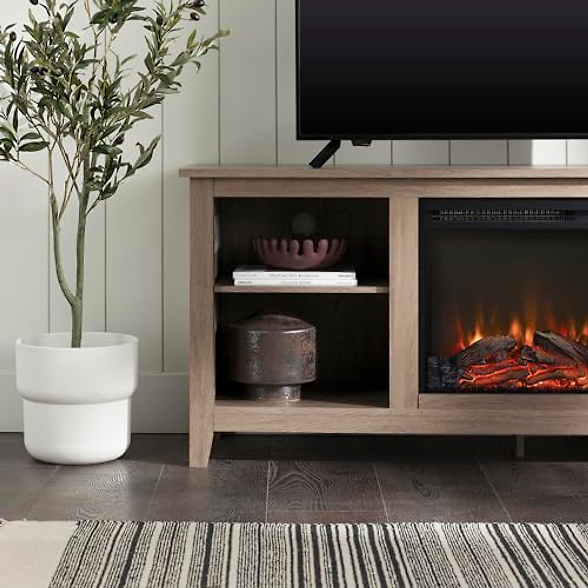 Walker Edison Wren Classic 4 Cubby Fireplace TV Stand for TVs up to 65 Inches, 58 Inch, Driftwood