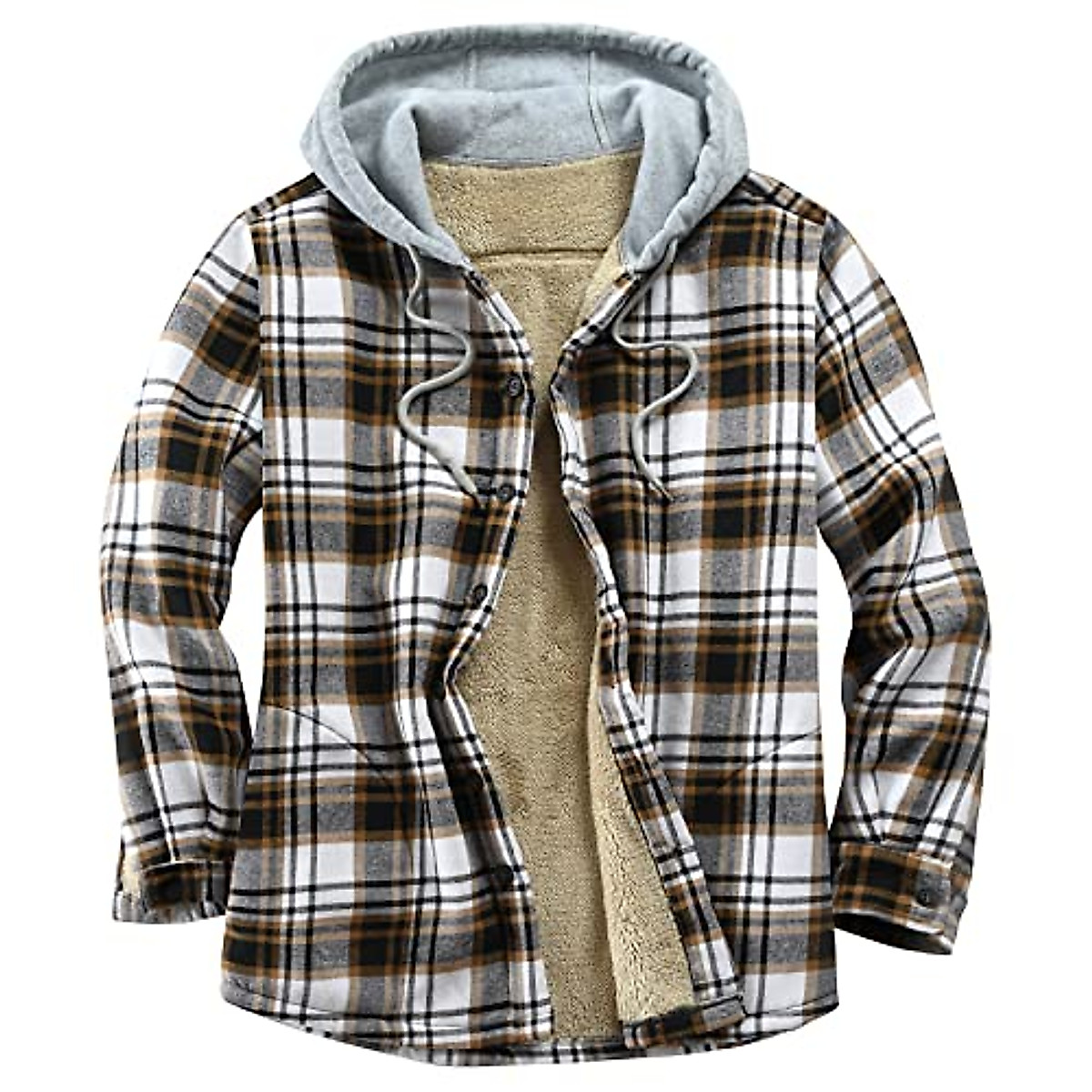 Derbars Men's Sherpa Lined Winter Jackets Warm Camp Hooded Flannel Shirt for Men Khaki Medium
