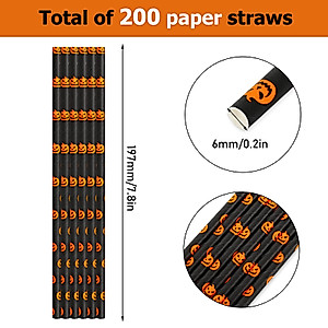 Whaline 200Pcs Halloween Paper Straws Horror Pumpkin Pattern Disposable Straws Orange Black Pumpkin Face Printed Drinking Straws Party Straws Bulk for Cocktail Juices Halloween Party Supplies