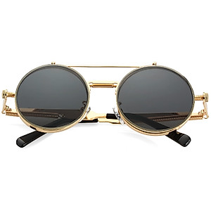 Kursan Vintage Round Flip Up Sunglasses for Women Men Hippie Style Circle Sun Glasses (Gold/Black)