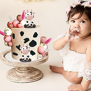 KEEPARTY Cow & Ball Cake Toppers, 26pcs, Farm Animal Themed, Clay, Pink and White, for Baby Shower, Birthday, Girls and Boys Party Supplies