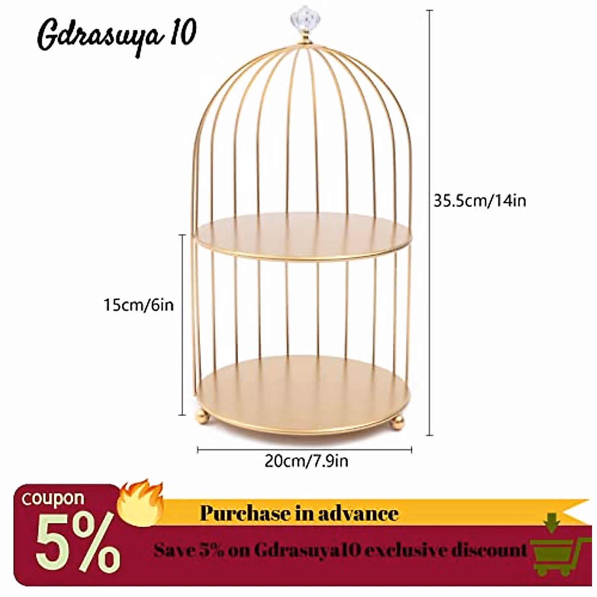 Gdrasuya10 Metal Makeup Organizer Birdcage Cosmetic Storage Rack Makeup Shelf 2 Tier Bird Cage Perfume Dessert Cupcake Rack Bathroom Storage Rack Golden