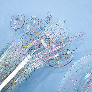 Rubtlamp 180PCS Glitter Plastic Plates with Glitter Disposable Silverware, Clear Glitter Plates for 30 Guests Include 30Dinner Platos, 30Dessert Platos, 90Cutlerys, 30Cups for Party