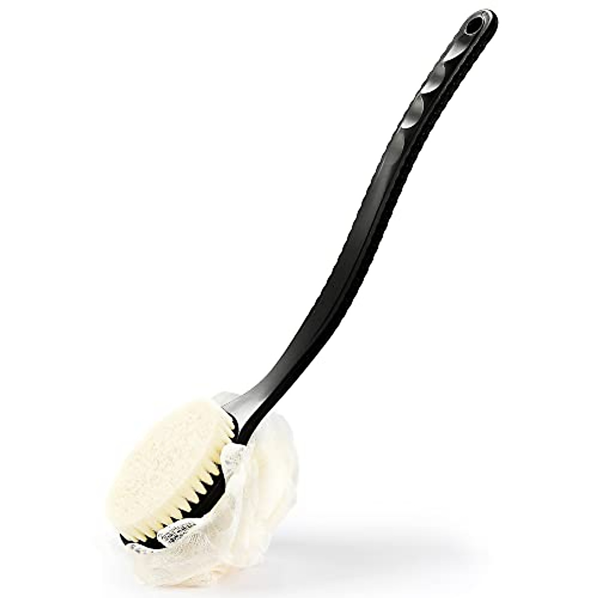 Shower Body Brush with Bristles and Loofah,Back Scrubber Bath Mesh Sponge with Curved Long Handle for Skin Exfoliating Bath, Massage Bristles Suitable for Wet or Dry, Men and Women (Black)