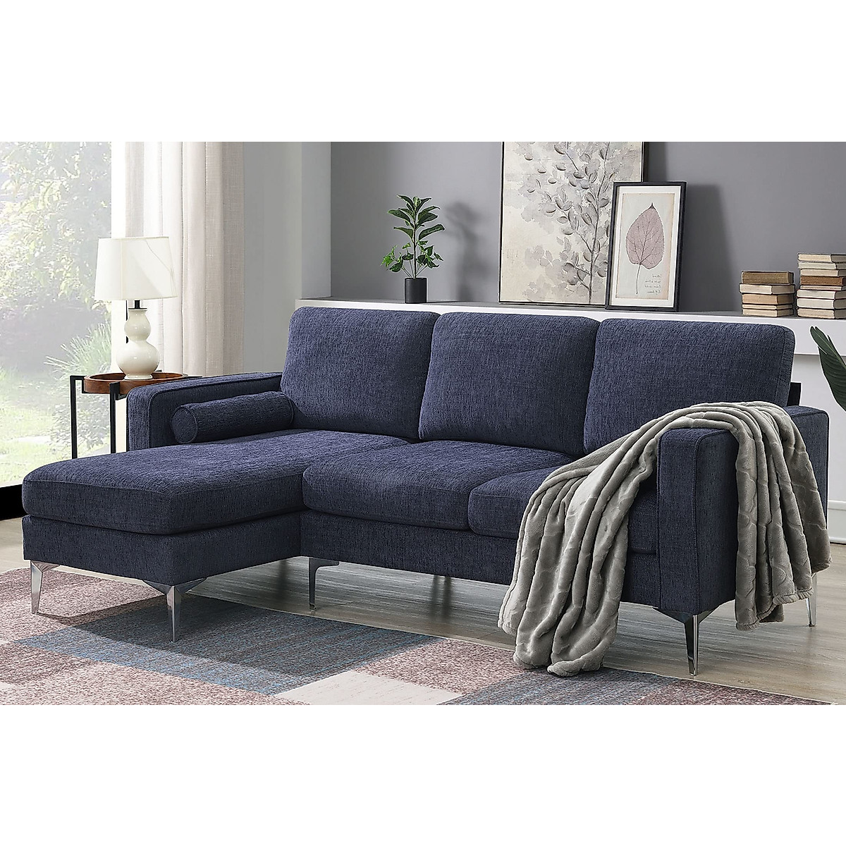 Myshle L-Shaped Sectional Sofa Reversible Chaise Lounge, 3-Seat Convertible Couch w/ 2 Pillows and Metal Legs, 86 inch, Perfect for Living Room, Apartment, Small Space, Blue