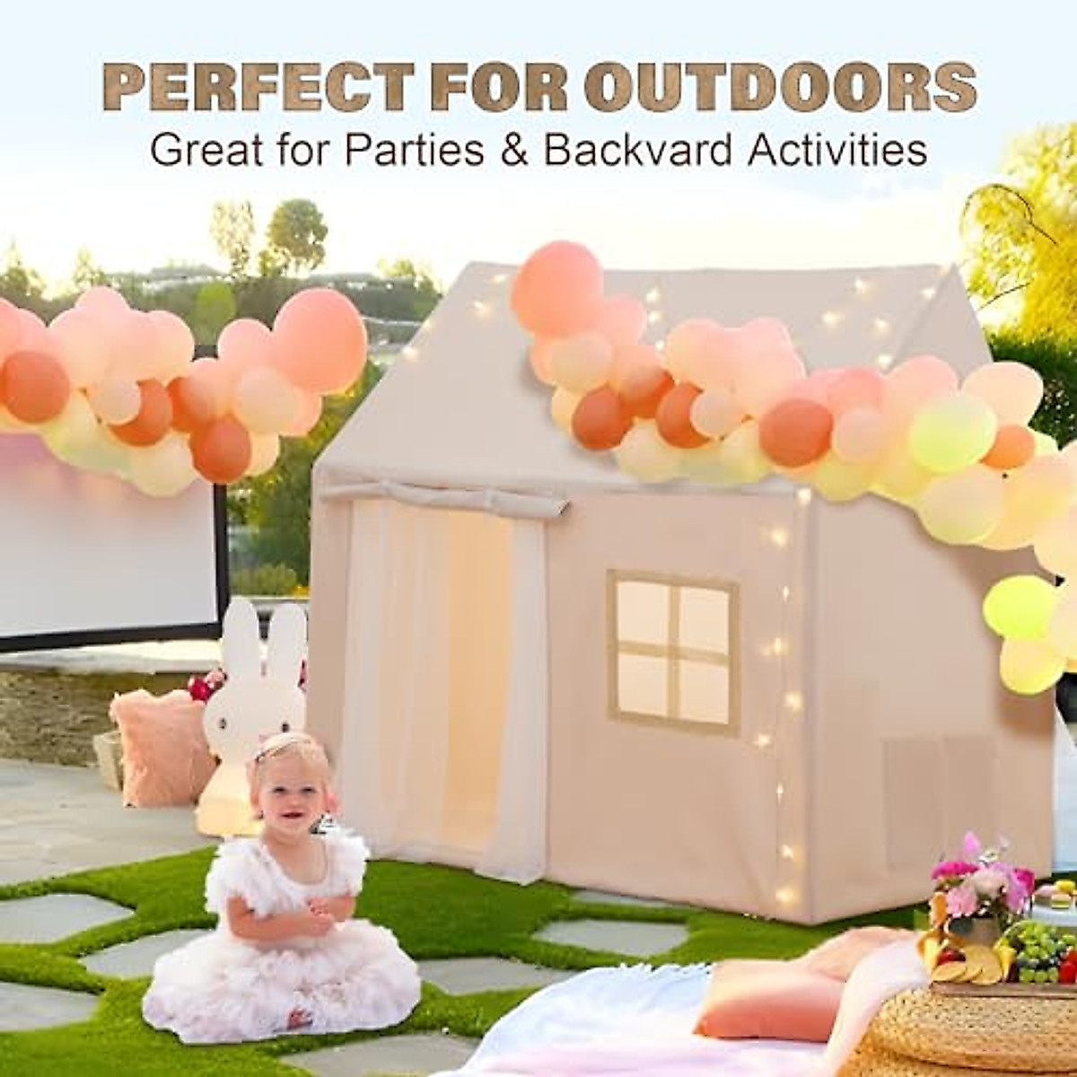 TreeBud Play Tent with Padded Mat, Pennant Banners, Star Lights - Kids Playhouse with Large Space for Indoor Outdoor, Large Play House Toys for Toddler, Boys and Girls, Side Door Roller Blind