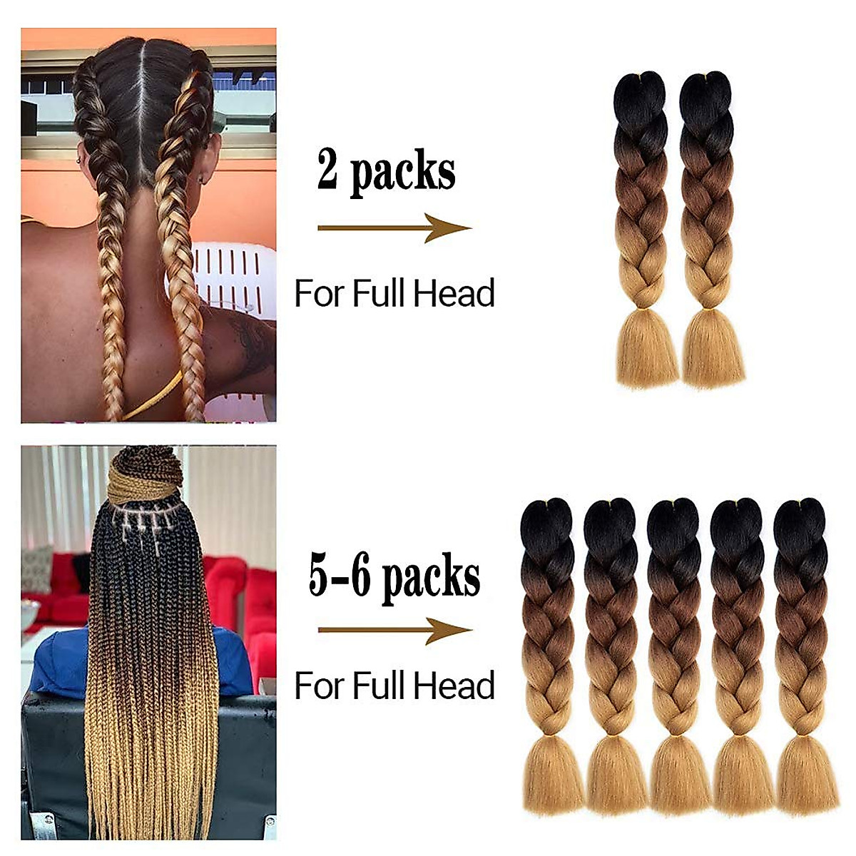 SHUOHAN 6 Packs Ombre Jumbo Braiding Hair Extensions 24 Inch High Temperature Synthetic Fiber Hair Extensions for Box Braids Braiding Hair (Black to Brown to Beige)