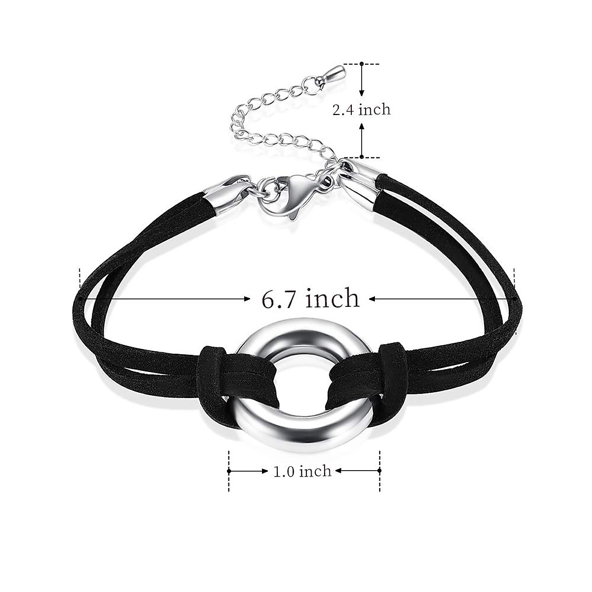Circle Of Life Cremation Jewelry Black Genuine Leather Memorial Urn Bracelet For Ashes Of Loved One Keepsake Holder For Women Men (Silver Tone)