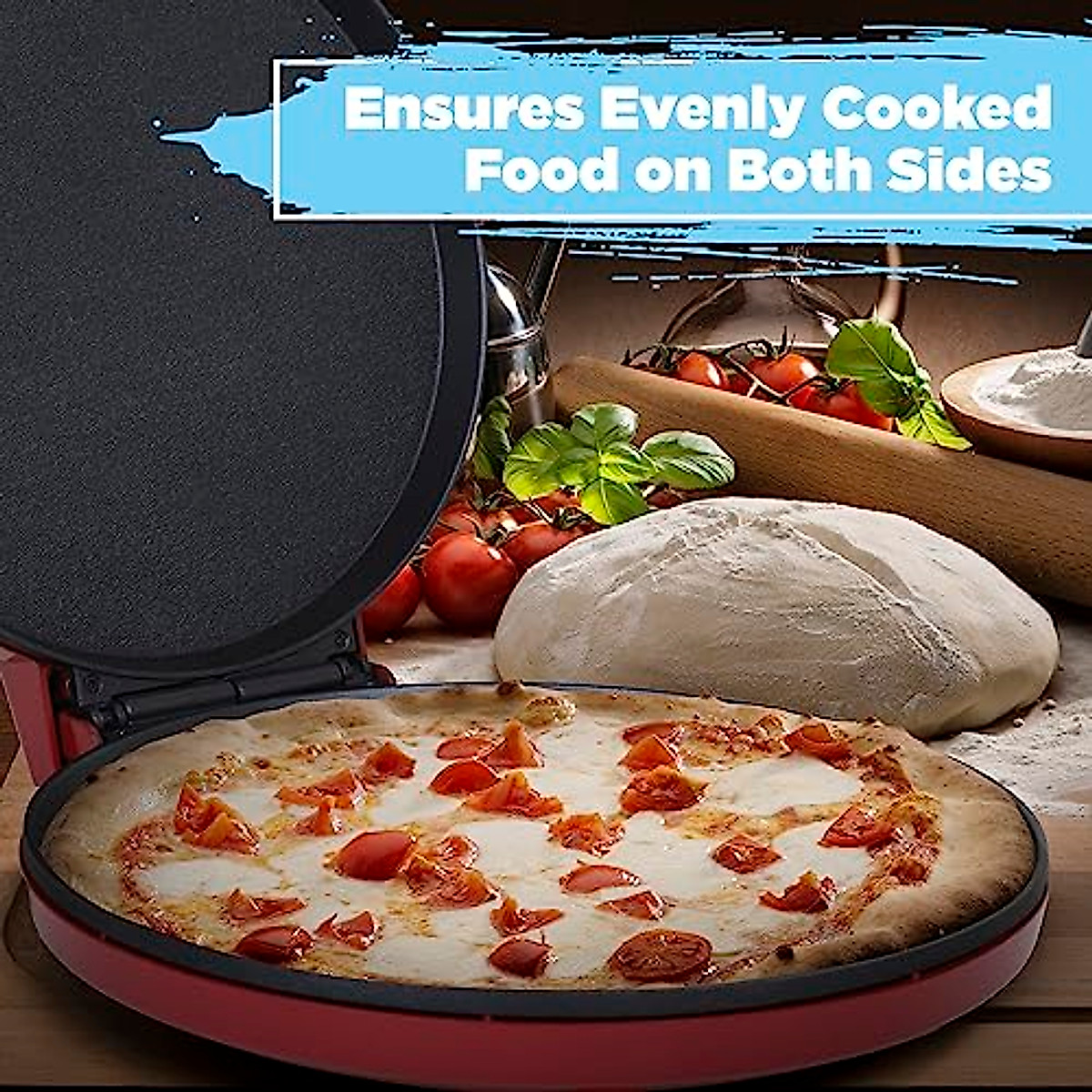 Courant Pizza Maker 12 inch Pizzas Machine, Newly improved Cool-touch Handle Non-Stick plates Pizza oven & Calzone Maker, Electric Countertop Oven for Home or School, 12” Indoor Grill/Griddle, Red