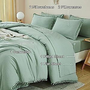 Litanika Queen Comforter Set Sage Green, Bed in a Bag 7 Pieces Pom Pom Fringe Comforter, Aesthetic Boho Bedding Set with Comforter, Sheet, Pillowcases & Shams