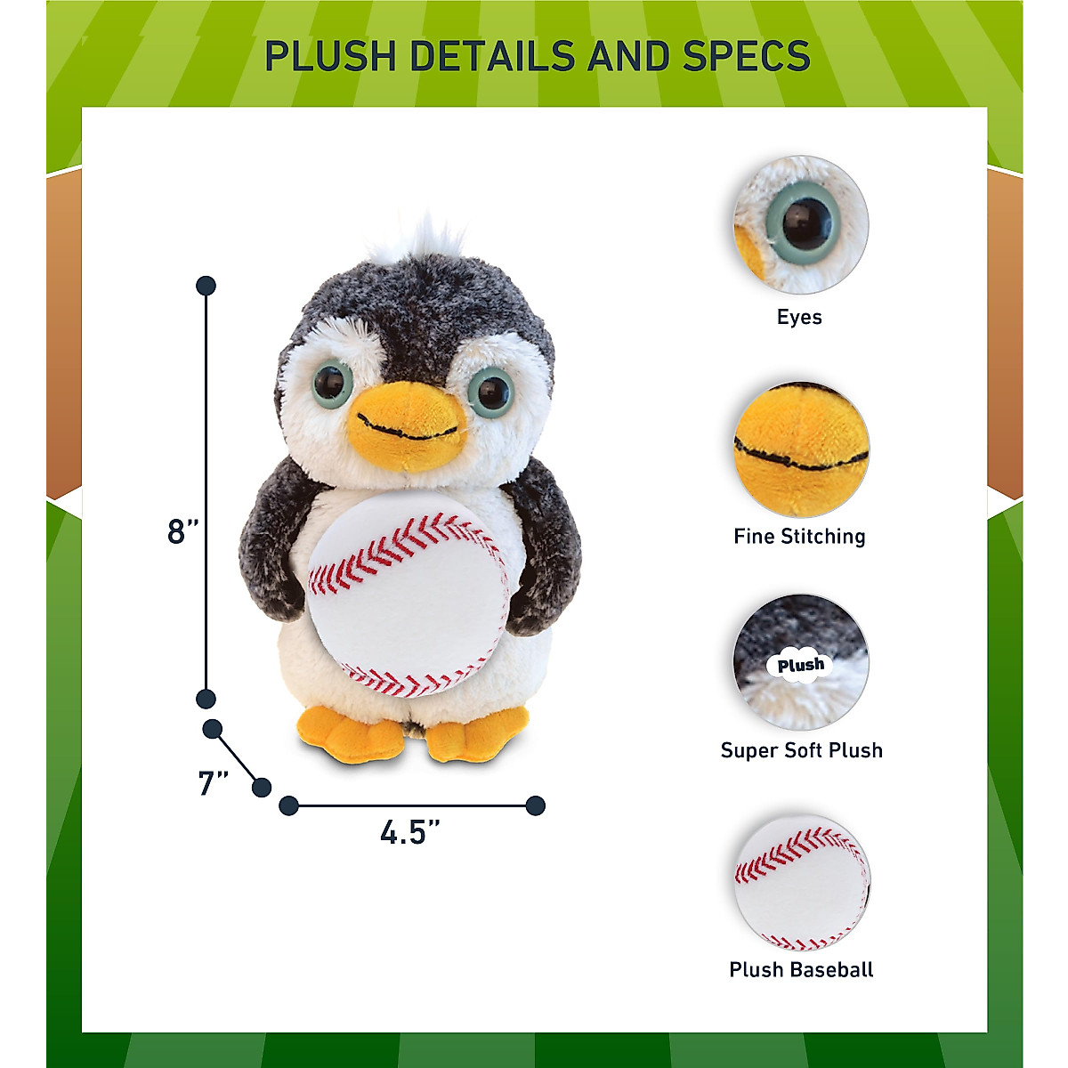 DolliBu Penguin Stuffed Animal with Baseball Plush - Soft Huggable Penguin, Adorable Playtime Plush Toy, Super Soft Plush Doll Animal Toy for Kids and Adults - 8 Inches