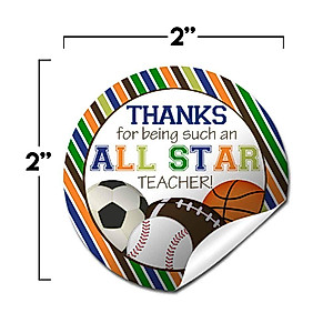All Star Teacher Sports Themed Teacher Appreciation Thank You Sticker Labels, 40 2" Party Circle Stickers by AmandaCreation, Great for Envelope Seals & Gift Bags
