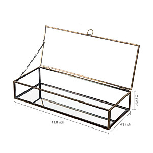 MyGift Glass Jewelry Box, Vintage Style Brass Metal & Clear Glass Mirrored Shadow Box Jewelry Display Case with Hinged Top Lid