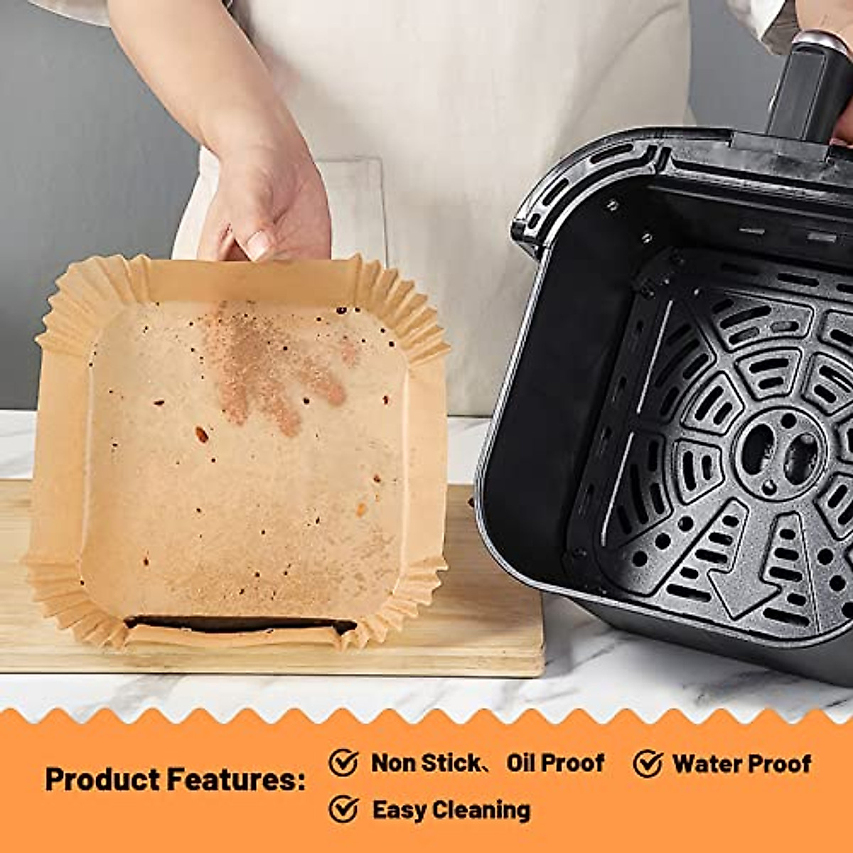Morcheiong 100pcs Disposable Air Fryer Paper Liners, 7.9In Square Parchment Paper Liners for Air Fryer Baking Roasting Microwave (Natural)
