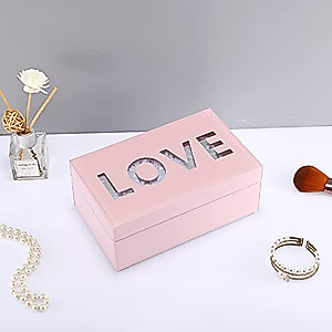 Hipiwe Glass Jewelry Box Trinket Organizer with Hollowed-out LOVE and Sequin Decor,Pink Jewelry Display Box Home Decorative Box Keepsake Gift Box for Women Girls