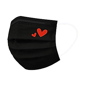 Mikilon, 50 Pcs Adults Black Disposable Face Masks for Women Men with Designs Printed Breathable Full Face Cover Protection 3 Ply (Red Heart), One Size