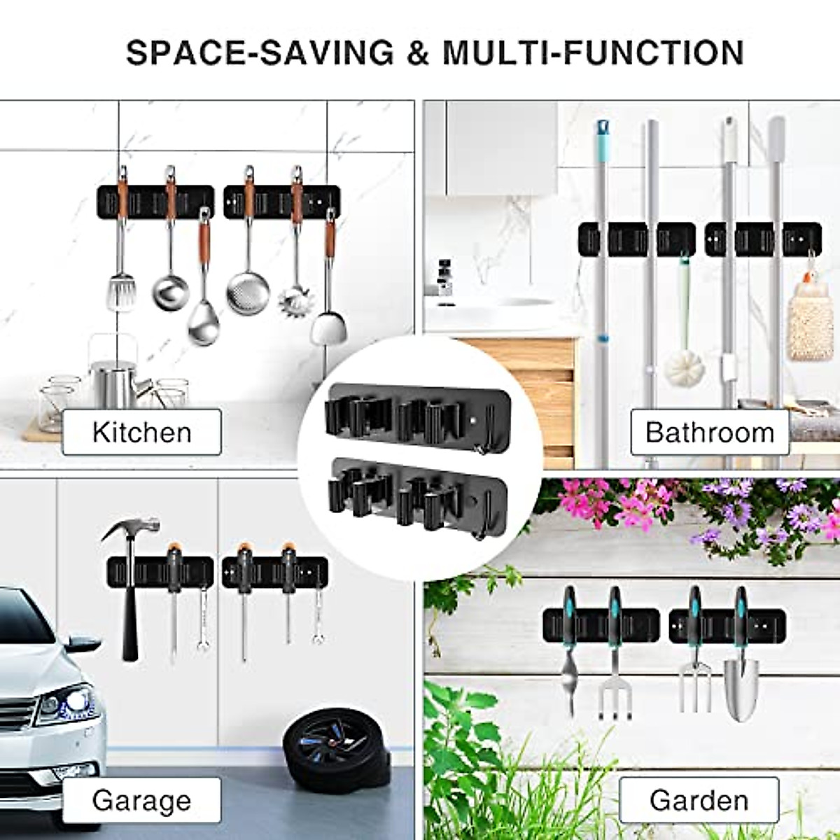 Mop Broom Holder Wall Mounted SUS304 Stainless Steel, HOMEASY Mop Broom Organizer with 2 Installation Methods (No Drilling & Screw Drilling Installation 2 In 1), Mop Hanger Heavy Duty with Hooks, 2PCS