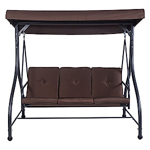 Tangkula Converting Outdoor Swing Patio Porch Garden Swing with Comfortable Cushion Seats, Adjustable Canopy & Coated Steel Frame Hammock 3 Seats Patio Deck Furniture (Brown)