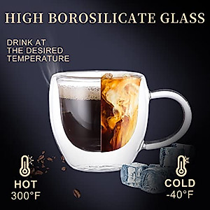 PARACITY Espresso Cups Set Of 2, Double Wall Insulated Glass Coffee Mugs 5.5 OZ, Cappuccino Cups with Handle, Clear Glass Coffee Cups Travel Camping for Cappuccino/Latte/Tea/Shots … (5.5OZ)