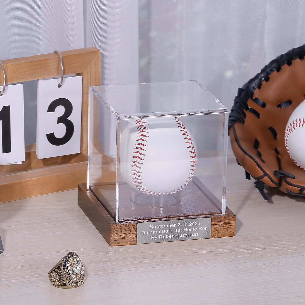 Walnut Baseball Display Case with UV Protected Acrylic Storage Box and Engraving, Silver Stand