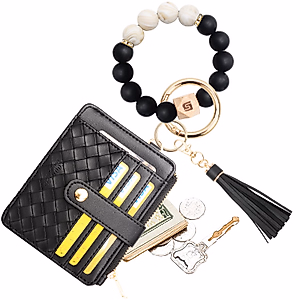 COOLANS Wristlet Bracelet Keychain Pocket Credit Card Holder Purse Tassel Keychain Bangle Key Ring for Women (Silicone Bead Bracelet+Card Purse (Black))