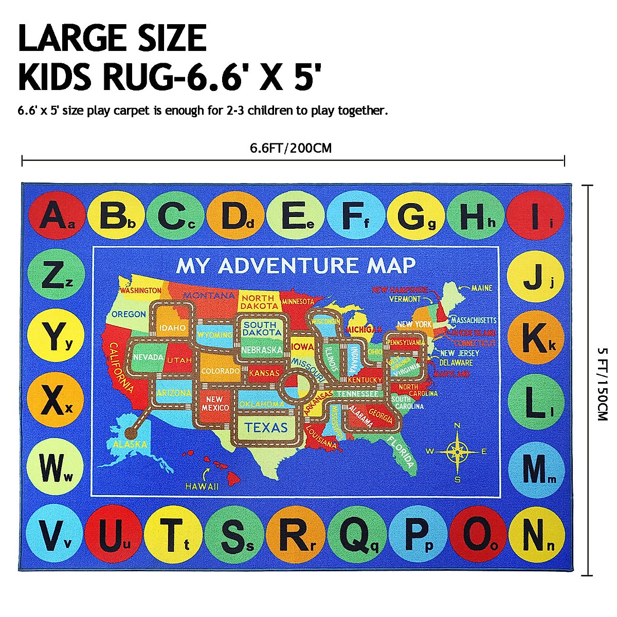Capslpad Kids Rug USA Map Kids Play Rug 6'6"x 5' Large Size ABC Alphabet Educational Learning Classroom Area Rug Non Skid City Road Car Rug Play Mat for Children Bedroom Playroom Nursery Room