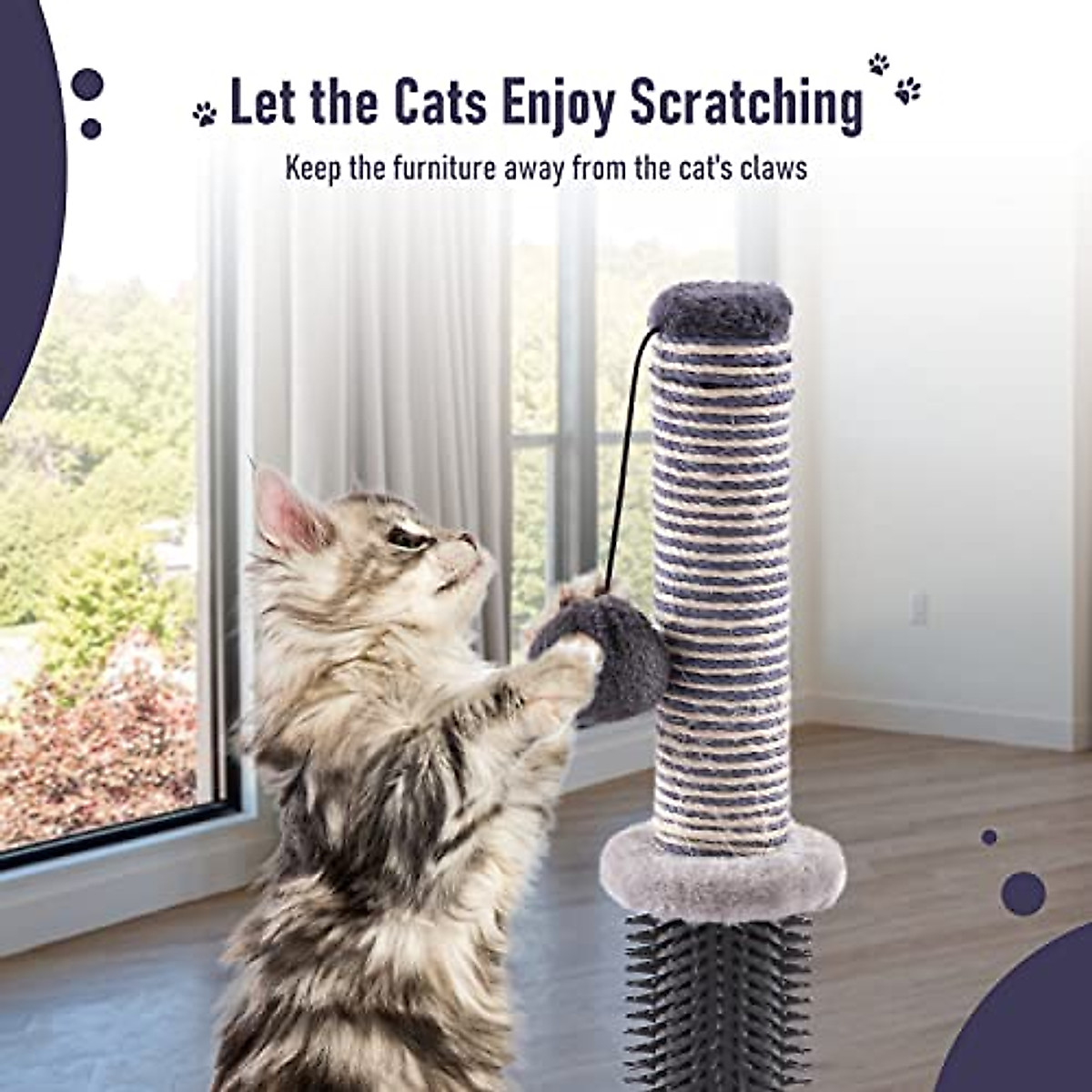 Jaoul 21" Cat Scratching Post, Cat Scratching Posts for Indoor Cats with Cat Self Groomer, Sturdy Double Base Plate (21", Grey)