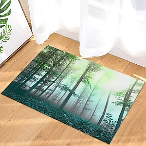 ALAGEO Fall Doormat Sunshine Teal Green Forest Door Mat Welcome Mats Entrance Floor Mat Trees Mist Fall Seasonal Harvest Thanksgiving Floor Mat Outdoor Indoor Runner Rugs Non-Slip Floor Mat 16"x24"