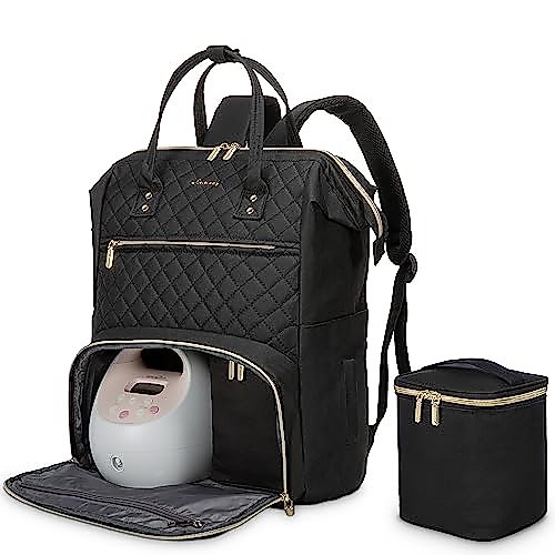 LOVEVOOK Breast Pump Backpack with Cooler Bag, Quilted Breast Pump Bags Fits Spectra S1, S2 Medela, Travel Double Layer Pumping Bag for Working Moms with 15.6" Laptop Pocket, Black
