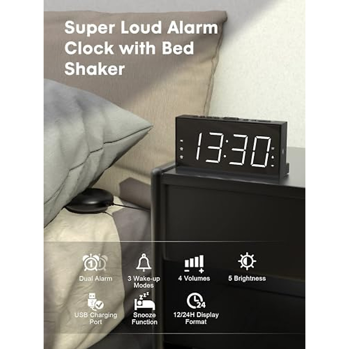 Super Loud Alarm Clock for Heavy Sleepers, Vibrating Alarm Clock for Hearing Impaired Deaf, Teens, Dual Alarm Clock with Bed shaker, Large Display Digital Clock with USB Port, Dimmer, Battery Backup