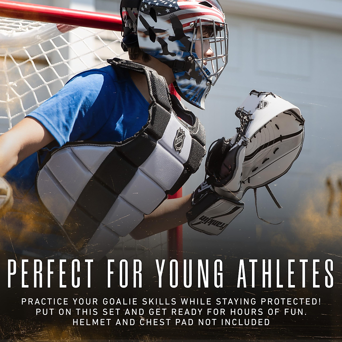 Franklin Sports NHL Kids Street Hockey Goalie Pads Set - Kids Hockey Training Equipment - Includes Block Pad, Catch Glove, and Goalie Pads,Black/White