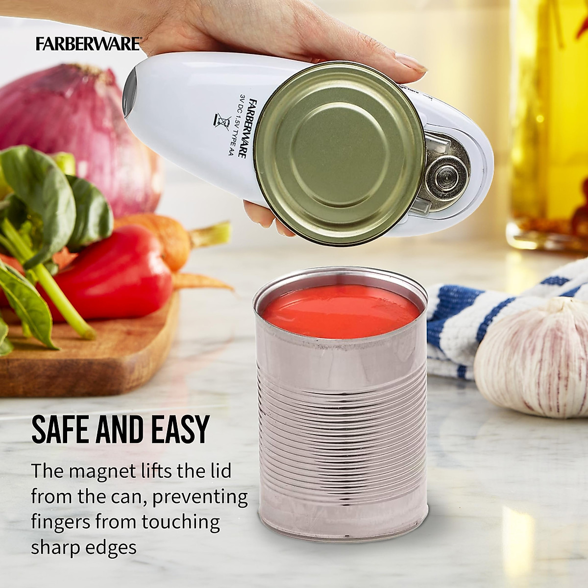 Farberware Compact Battery Operated Hands-Free Automatic Can Opener for any Size Can with Magnet to Safely Remove Lid, Seamless Opening Decreases Sharp Edges for Easily and Safely Opening Cans, Gray