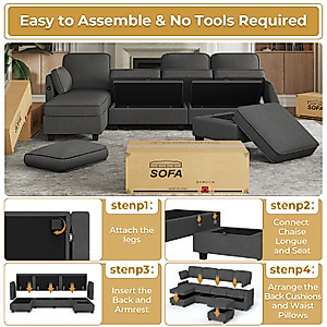 Brinlawb 113'' Sectional Couches with Storage Seats and USB Ports U Shaped Convertible Sofa Couch with Reversible Chaise Chenille Modular Sectional Sofa Couches with Ottomans for Living Room,Grey