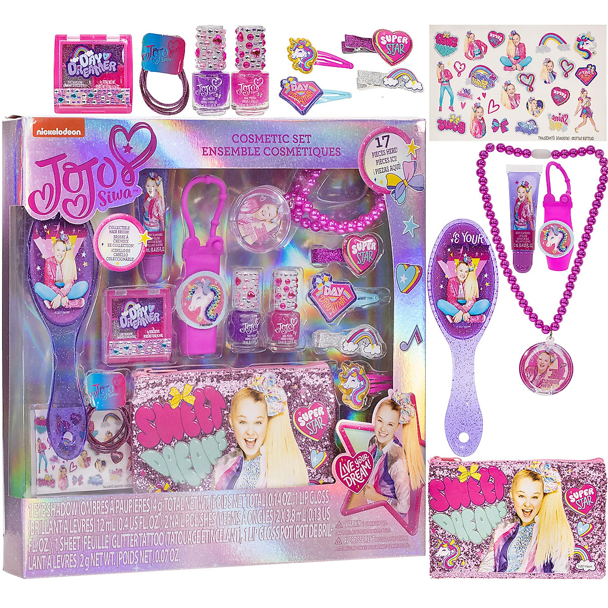 JoJo Siwa - Townley Girl Cosmetic Makeup Gift Box Set includes Lip Gloss, Nail Polish, Hair Accessories and more! for Kids Teen Girls, Ages 3+ perfect for Parties, Sleepovers and Makeovers