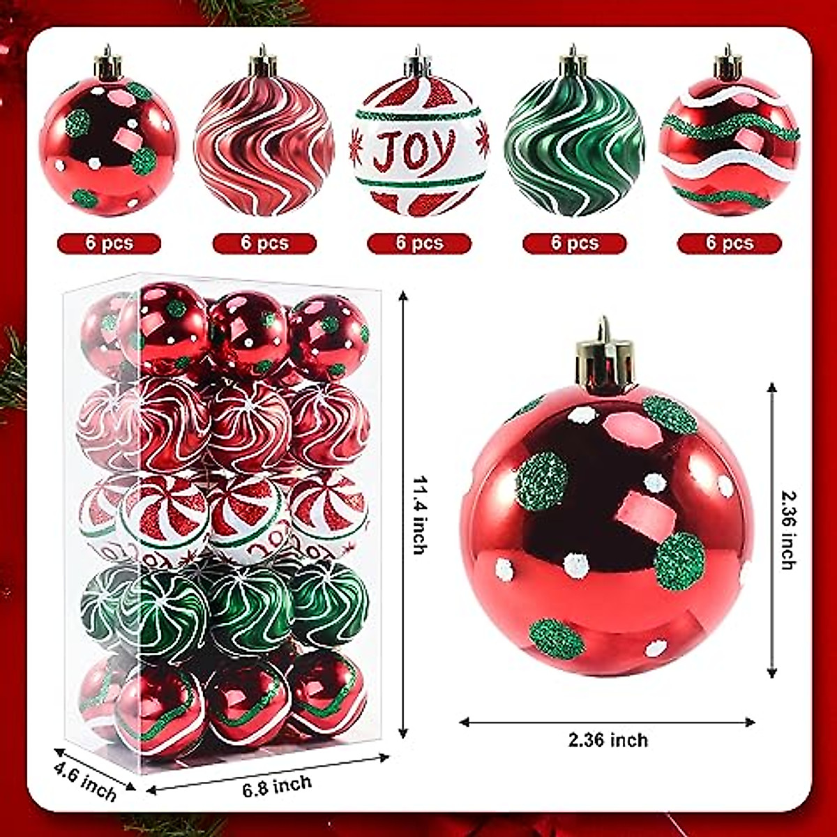 pyntop 30 PCS Christmas Balls Ornaments, 2.36'' Red Green White Christmas Balls, Shatterproof Xmas Balls Decoration for Christmas Tree, Painting & Glittering Christmas Hanging Ball for Party Event