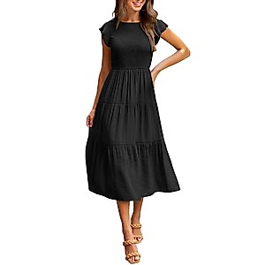 MEROKEETY Women's Summer Smocked Midi Dress Flutter Sleeve Elastic Waist Tiered Midi Long Dress,Black,XS