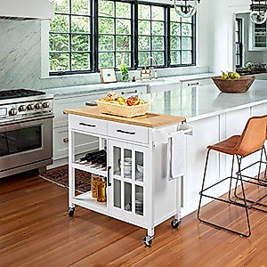 Yaheetech Kitchen Island on Wheels with Drawers, Rolling Kitchen Cart with Tempered Glass Storage Cabinet Door, Bamboo Top, 2 Tiers Shelves, and Towel Rack, 40x18x36 Inches, White