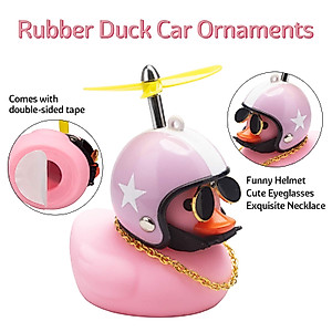 wonuu Pink Duck Car Dashboard Decorations Rubber Duck Car Ornaments Cool Duck with Propeller Helmet Sunglasses Gold Chain (Pink Hat White Star)