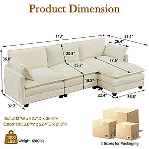 Sectional Couches for Living Room | Comfy Cloud Couch Modern Chenille L-Shaped 115” Cream Modular Sectional Sofa with Moveable Ottoman & Pillows | Extra Deep Seat Sofa (White Couch, 3-Seat Upgrade)
