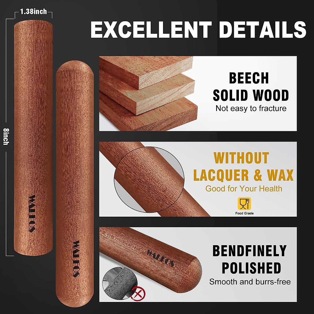 Walfos Mini Rolling Pin Set - Natural Wooden Rolling Pins, Baking Dough Roller for Pizza, Pie, Pasta, Bread, Pastry, No Coating (8inch)