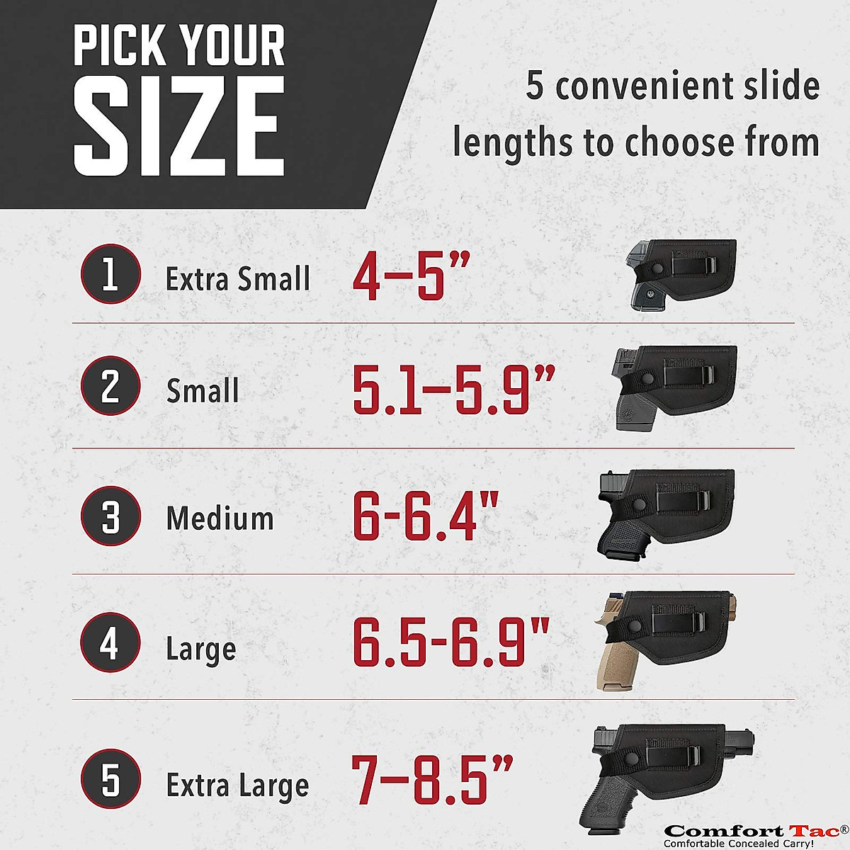ComfortTac Gun Holster for Men & Women - Right-Handed, Extra Small (Size 1) Concealed Carry Holster - Wear Inside (IWB) or Outside (OWB) The Waistband - Gun Accessories