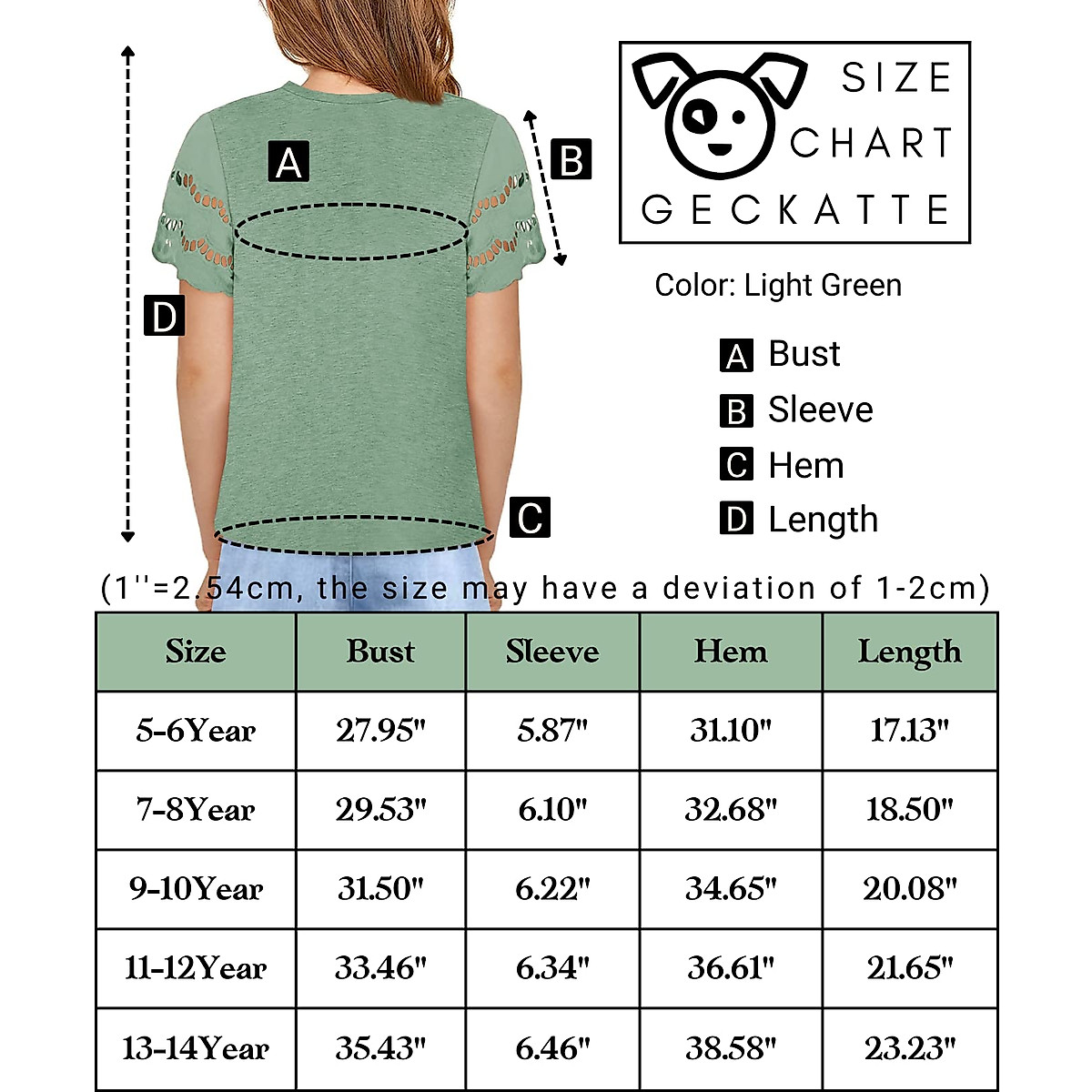 Geckatte Kids Girls' T-Shirts Short Sleeve Crewneck Cutout Summer Casual Solid Basic Tee Shirts Tops 5-14 Years Light Green