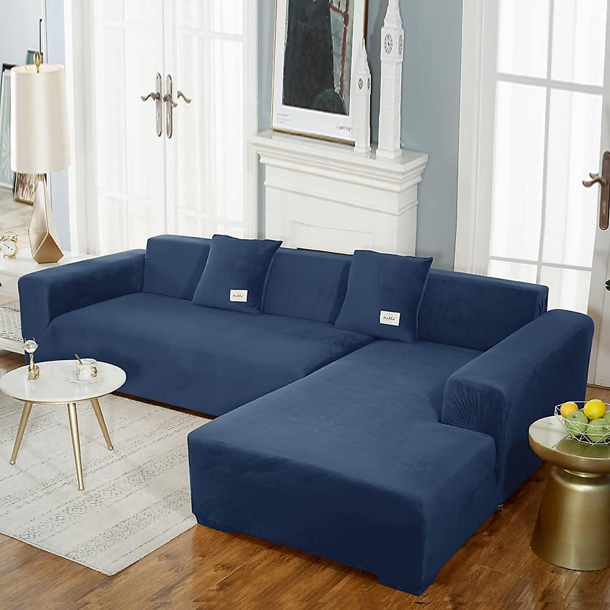 EFELIM Velvet L Shape Couch Cover Sectional Sofa Slipcover, Stretch 1 2 3 Seat Sofa Covers Soft Chaise Cover Furniture Protector for Dogs Pets (Blue,L Shape:4 Seater+3 Seater)