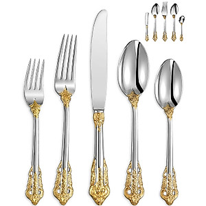 KEAWELL Luxury 65 Pieces 18/10 Stainless Steel Flatware set, Service for 12, silver plated with gold accents, Fine Silverware set and Dishwasher Safe