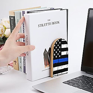 Hon-Lally American Blue Line USA Police Stars Flag Pattern Wood Bookends Decorative Bookend Non-Skid Office Book Stand for Books Office Files Magazine, One Size, Wood style