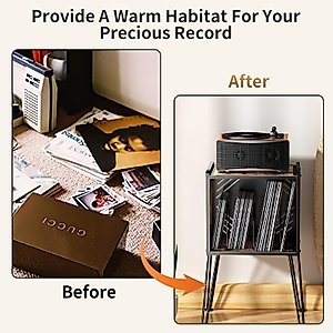 RUILALIFE Record Player Stand Table with Vinyl Holder, 3 Tier Turntable Stand with Albums Storage Shelf，Small Side Tables for Small Spaces, End Table with Drawer for Bedroom Living Room (Cabinet)